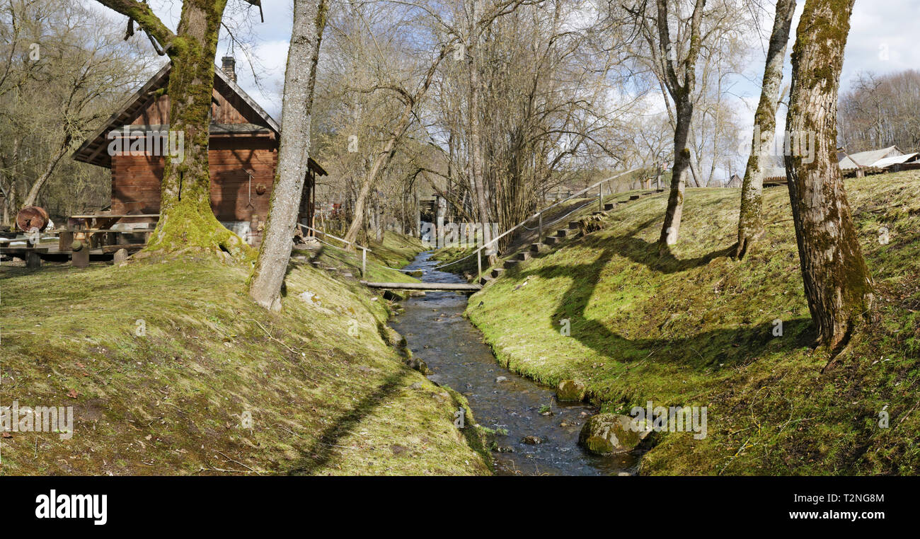 First sunny spring March day in Lithuanian village panoramic landscape ...