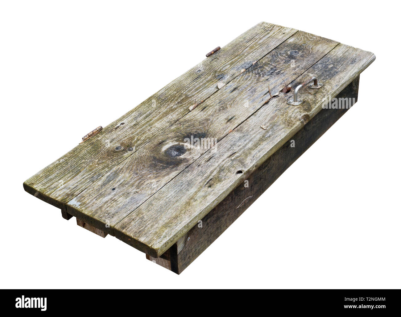 Wooden oak table decktop made from old aged door. Isolated outdoor ...