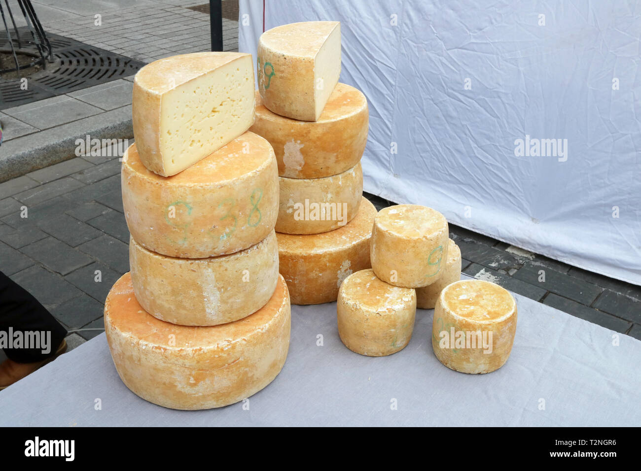 Homemade rural semi-hard yellow cheese sold on the street during the ...