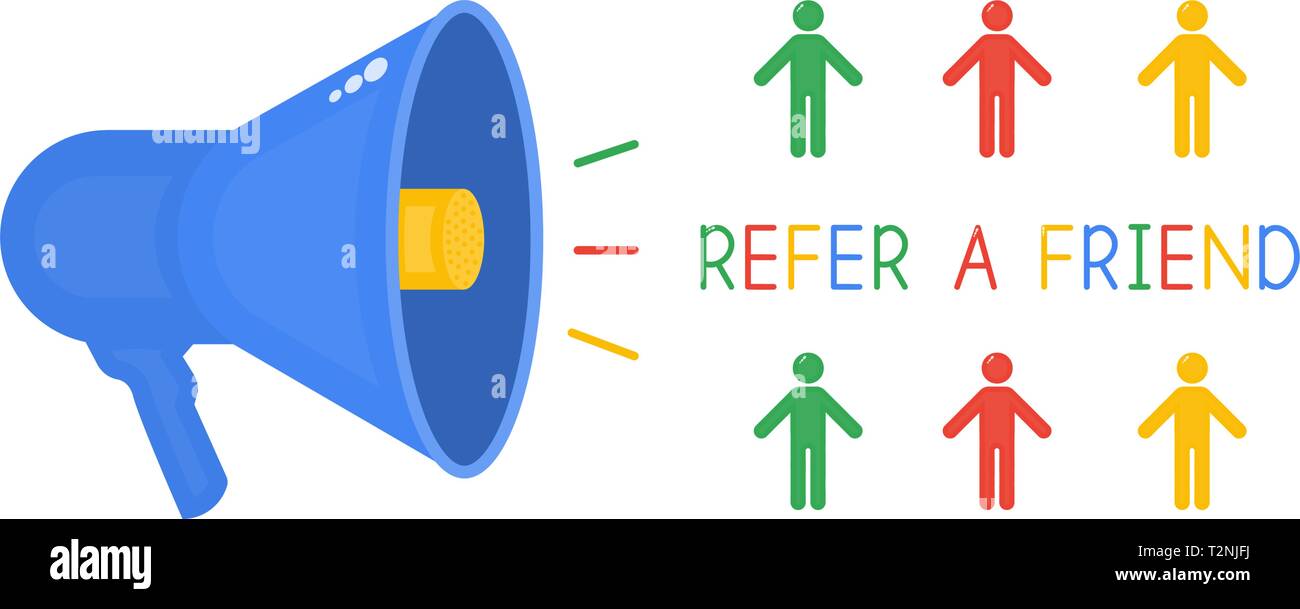 Loudspeaker and text refer a friend, referral program in the Internet industry, multicolored ...