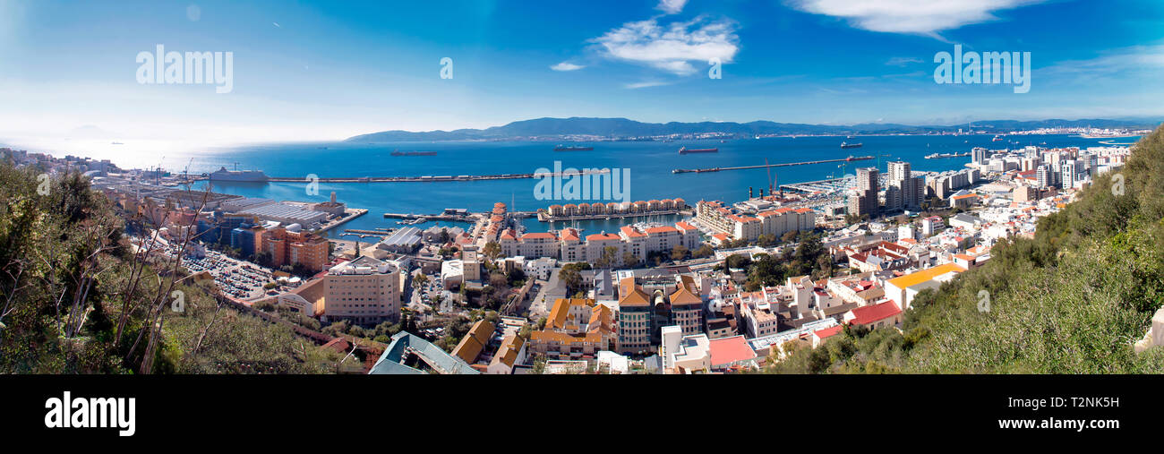 Awesome panoramic view of Gibraltar city and the bay of Algeciras, seen ...
