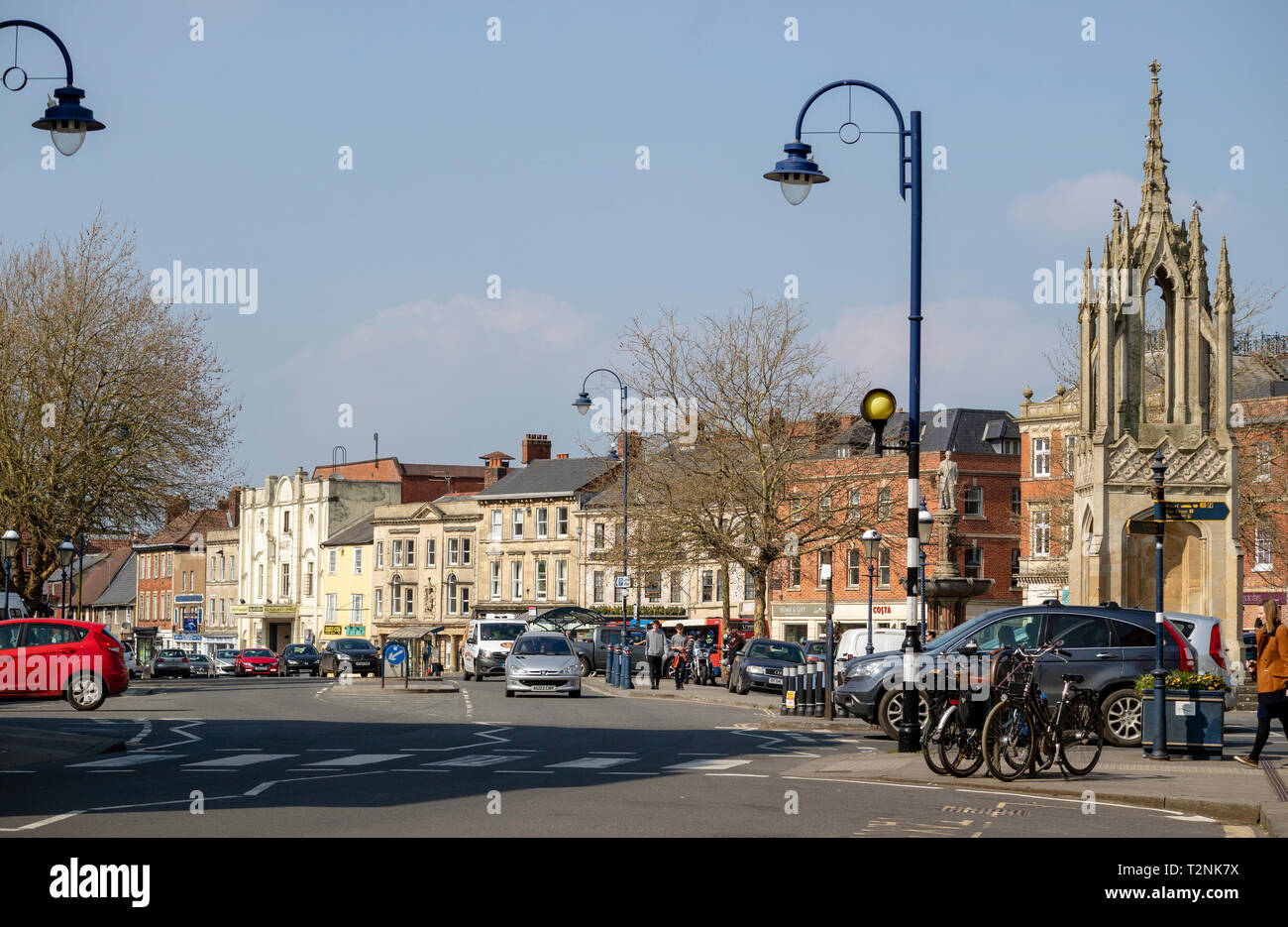 Devizes, Wiltshire, England, UK. March 2019. Main street through this ...