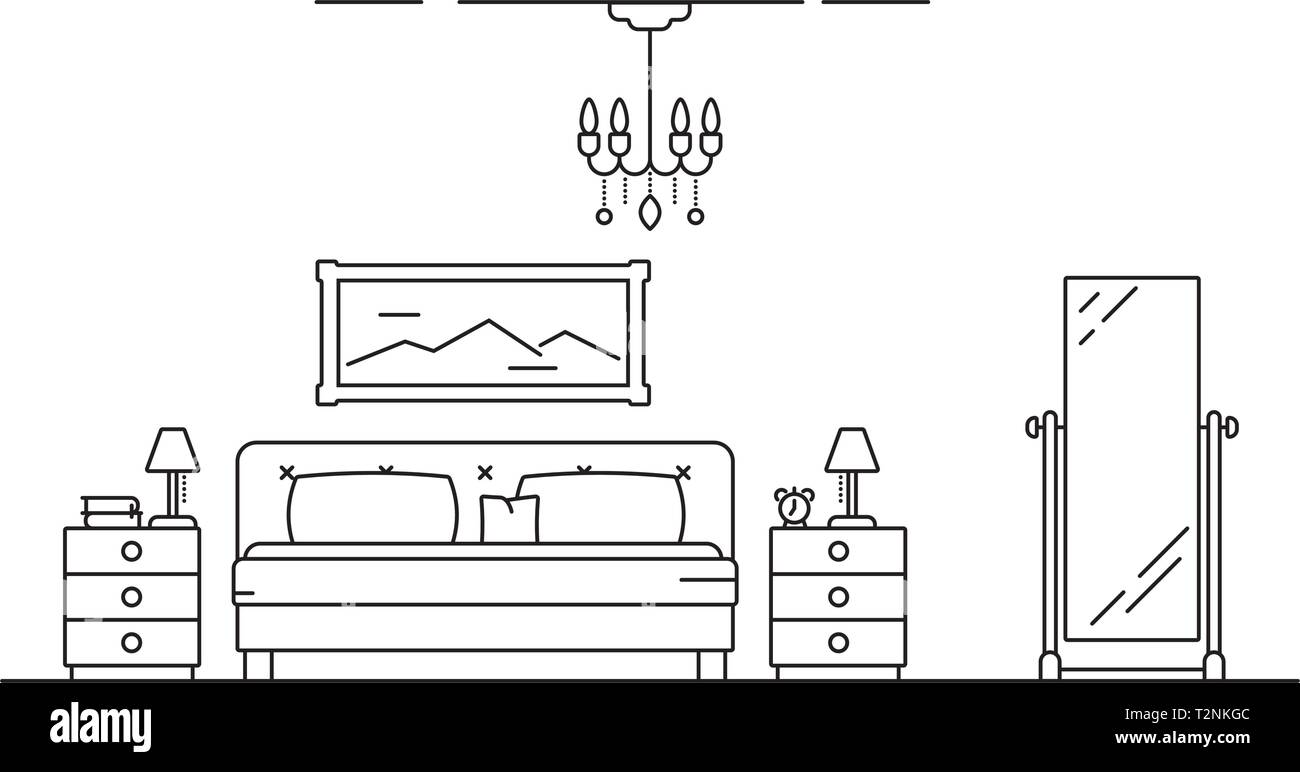 Bedroom interior line art vector illustration with bed, nightstand ...