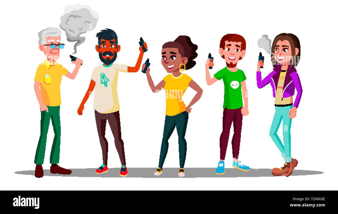 Vape People Vector. Person With Vaporizer Vaping Together. Hipster ...