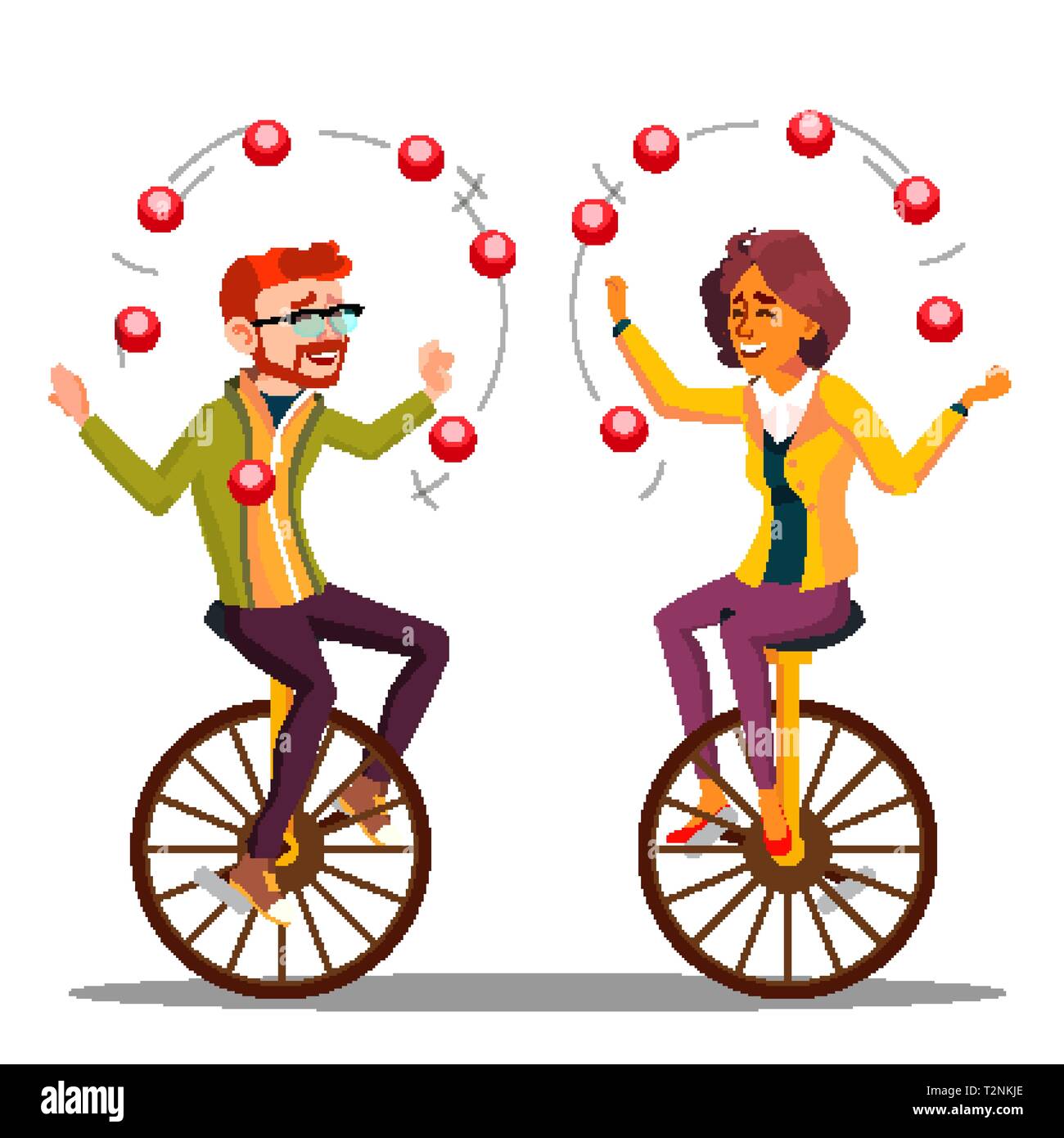 Juggling People Vector. Man, Woman Juggling On Unicycle. Illustration Stock Vector Image & Art ...