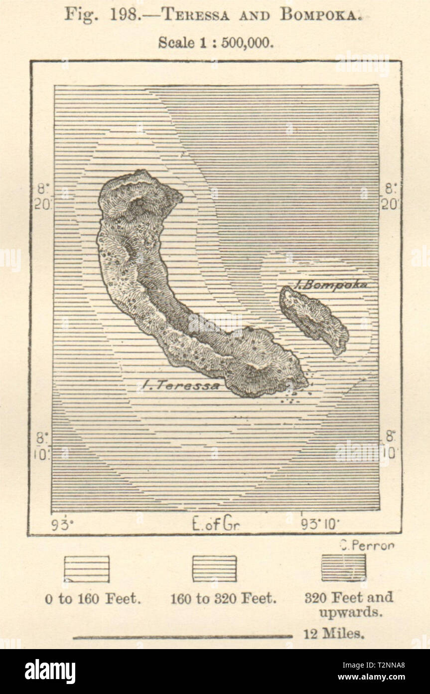 Teressa and Bompoka. Nicobar Islands. India. Sketch map. SMALL 1885 old ...