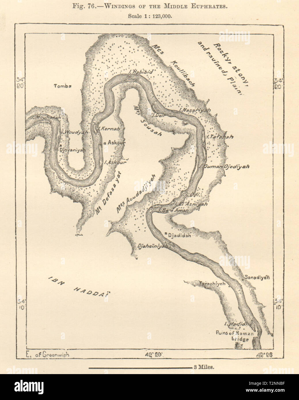 Windings of the Middle Euphrates. Now Hadithah Dam Lake. Iraq. Sketch ...