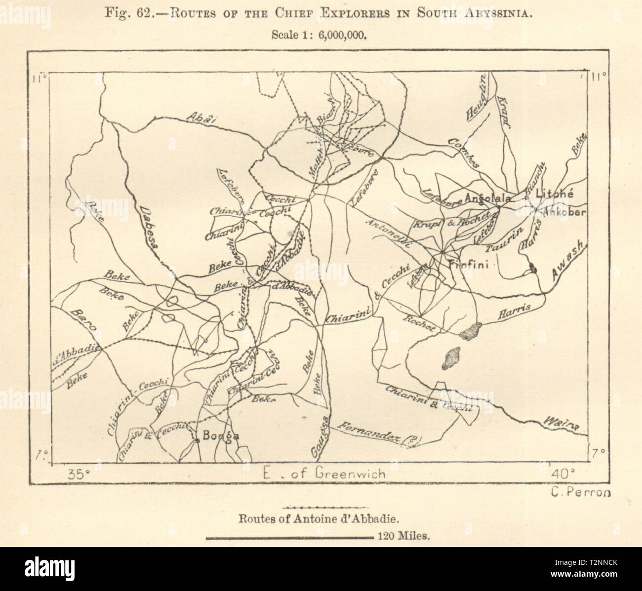 Explorers' routes South Ethiopia. Bonga-Finfini (Addia Ababa). Sketch ...