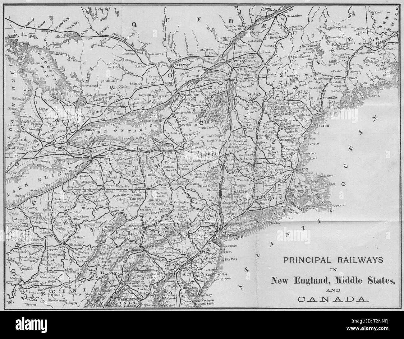 USA. Map of the Principal railways in New England, Mid West & Canada ...