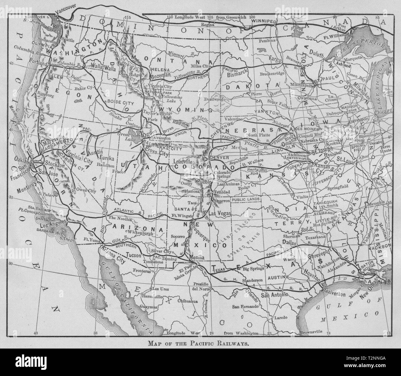 USA RAILROADS. Antique Map of the Pacific railways 1893 old chart Stock ...