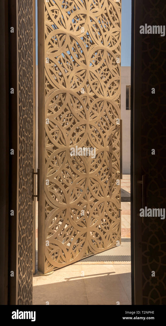 metal doors of mosque entrance, Msheireb Jumaa Mosque, Doha, Qatar ...