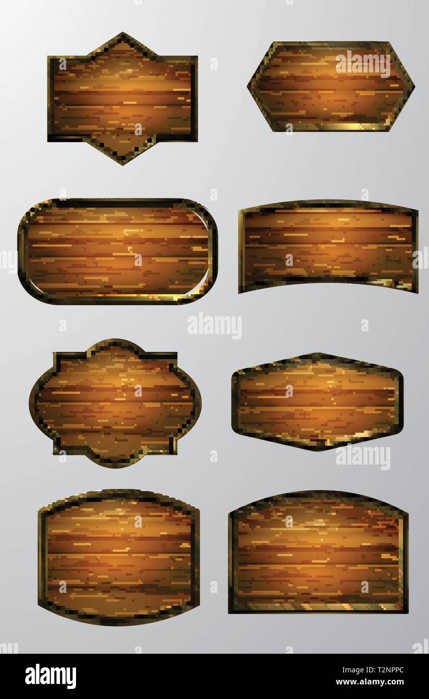 Vector realistic illustration of wooden signboard set isolated on white ...