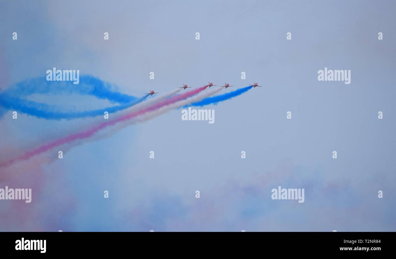 Red Arrows aerobatic display 170817 Stock Photo - Alamy