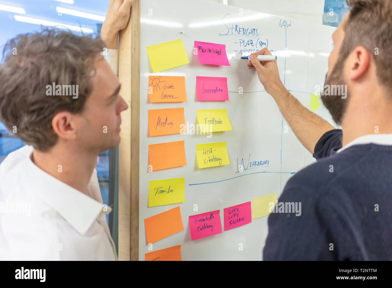 Mid adult businessmen writing on office whiteboard, over shoulder view ...