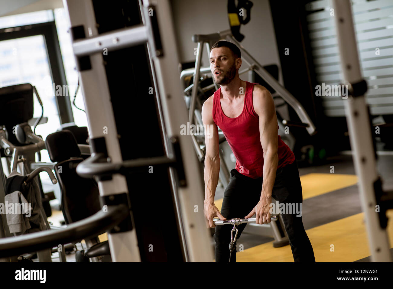 Athletic man doing workouts for a back with power exercise machine in a ...