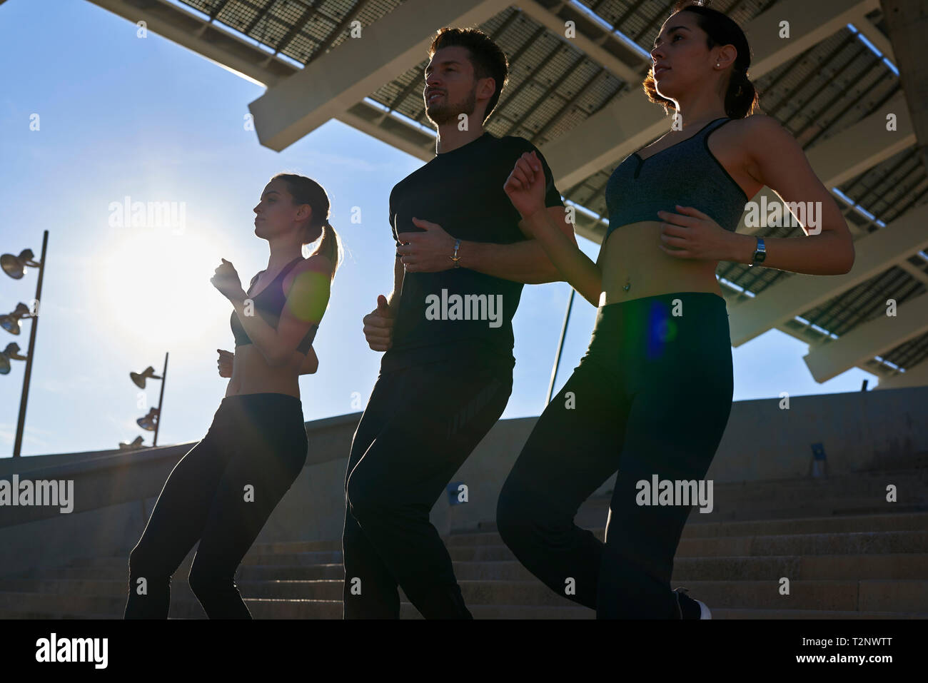Friends jogging down steps in sports stadium Stock Photo - Alamy