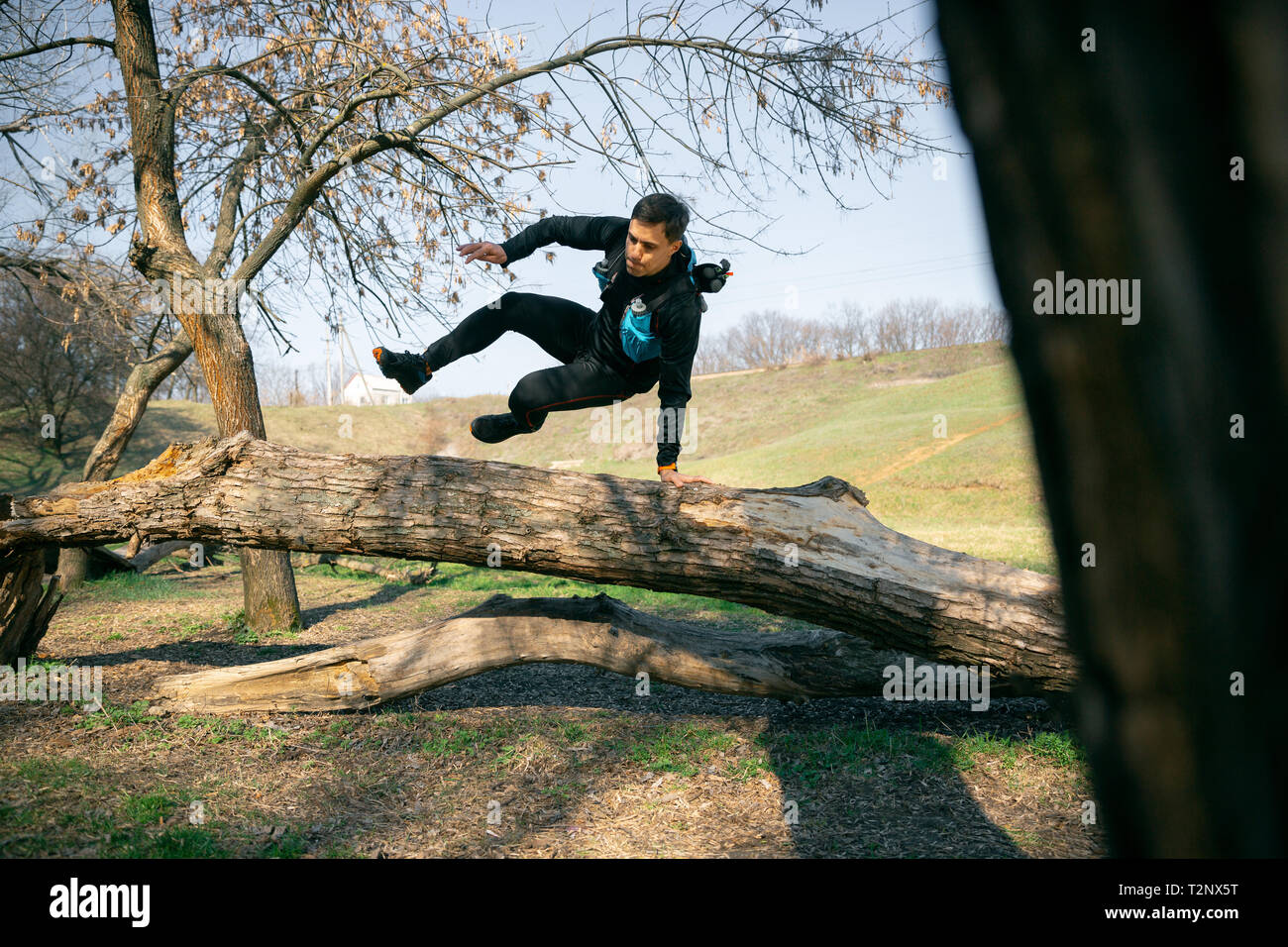 Springtime and jogging. Young man running at forest. Athlete crossing ...