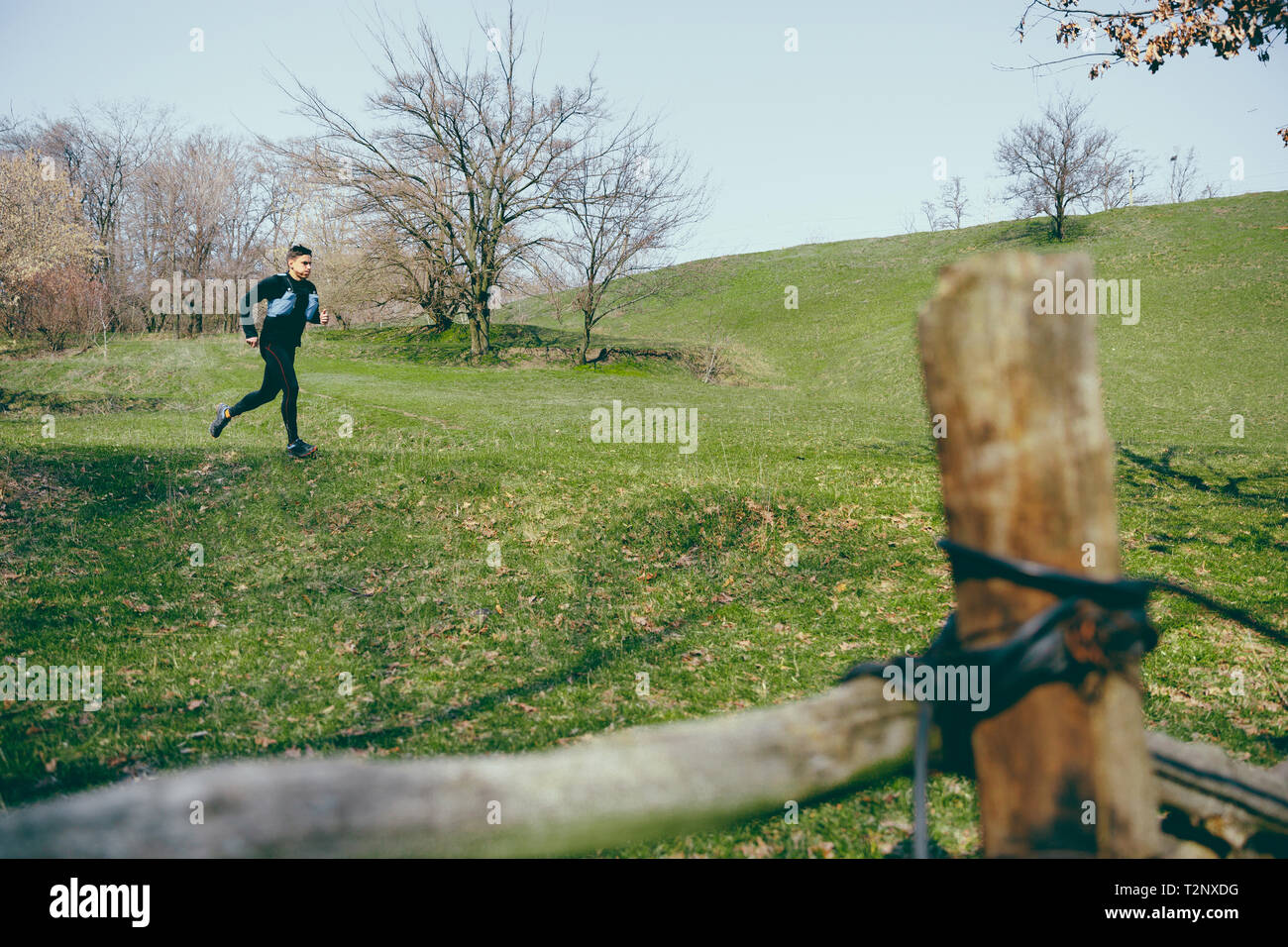 Springtime and jogging. Young man running at forest. Athlete crossing ...