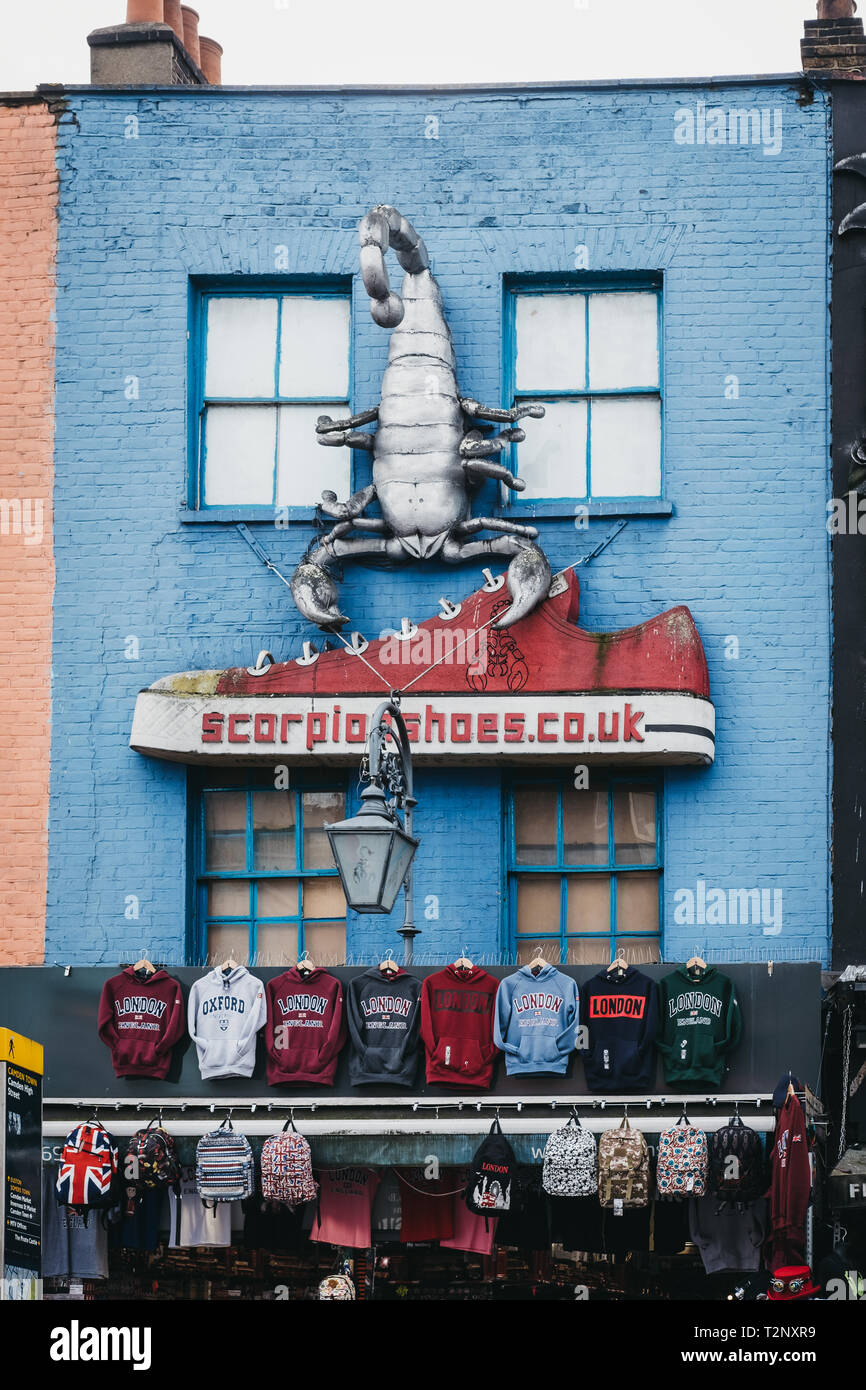 London, UK - March 23, 2019: Colorful facade of a Scorpio Shoes shop in ...