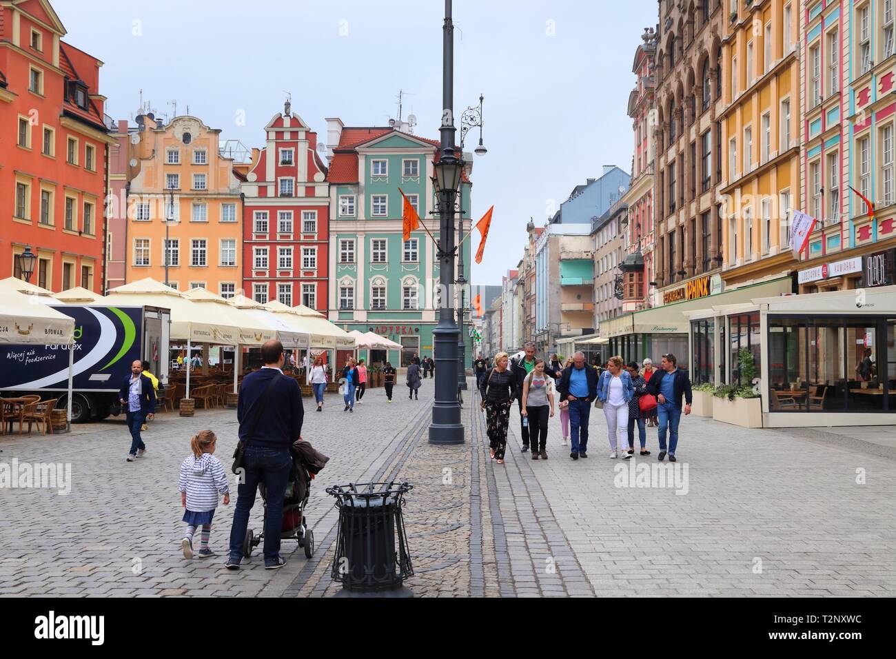 WROCLAW, POLAND - MAY 11, 2018: People visit the main square (Rynek) in ...