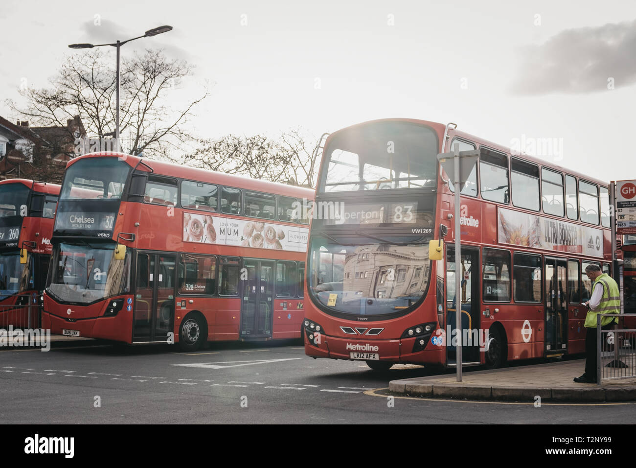 London, UK - March 23, 2019: Red double decker buses at Golders Green ...