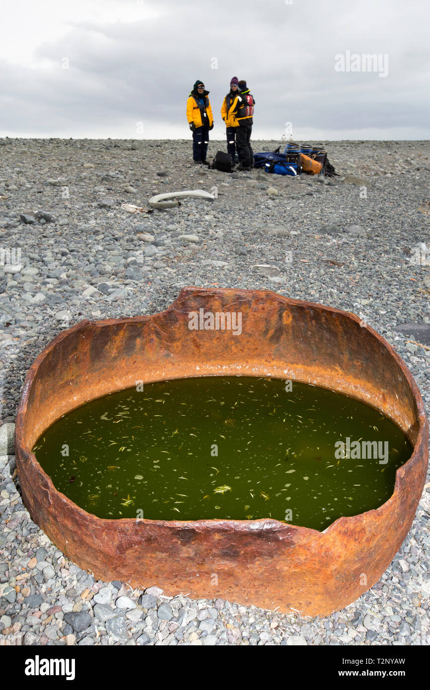 An old sealers try pot, for boiling down blubber at Yankee Harbour on ...