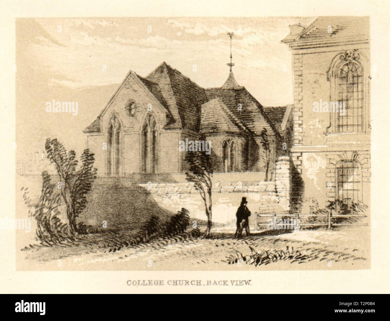 College church, back view, Glasgow. SMALL 1848 old antique print ...