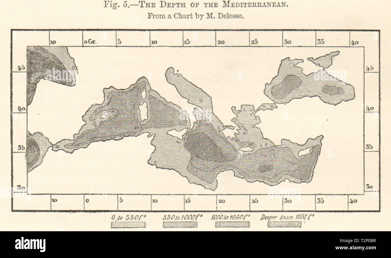 The Depth of the Mediterranean sketch map. Delesse 1885 old antique ...