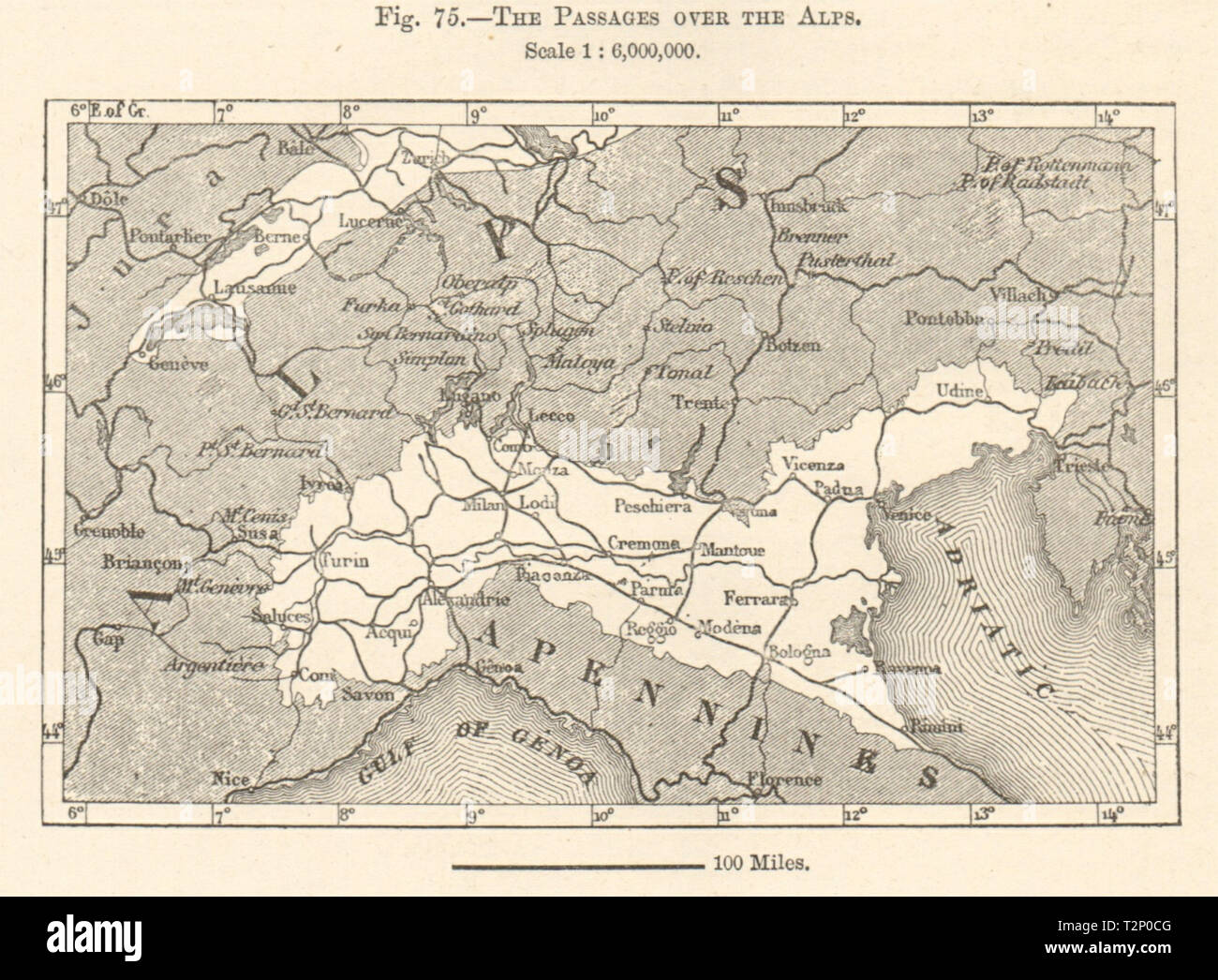 The Passages over the Alps. Alpine passes. Europe sketch map 1885 old ...