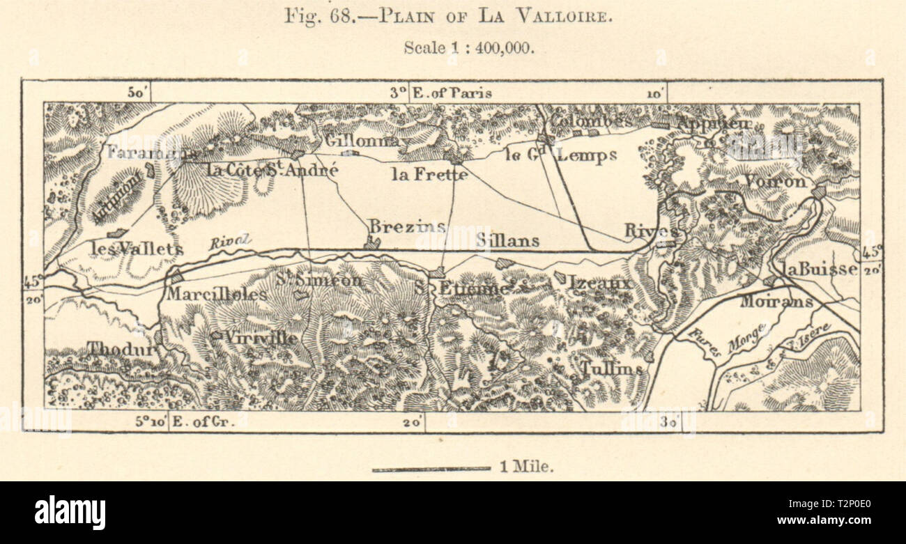 Plain of La Valloire. Isère. Voiron Moirans. Sketch map. SMALL 1885 old ...