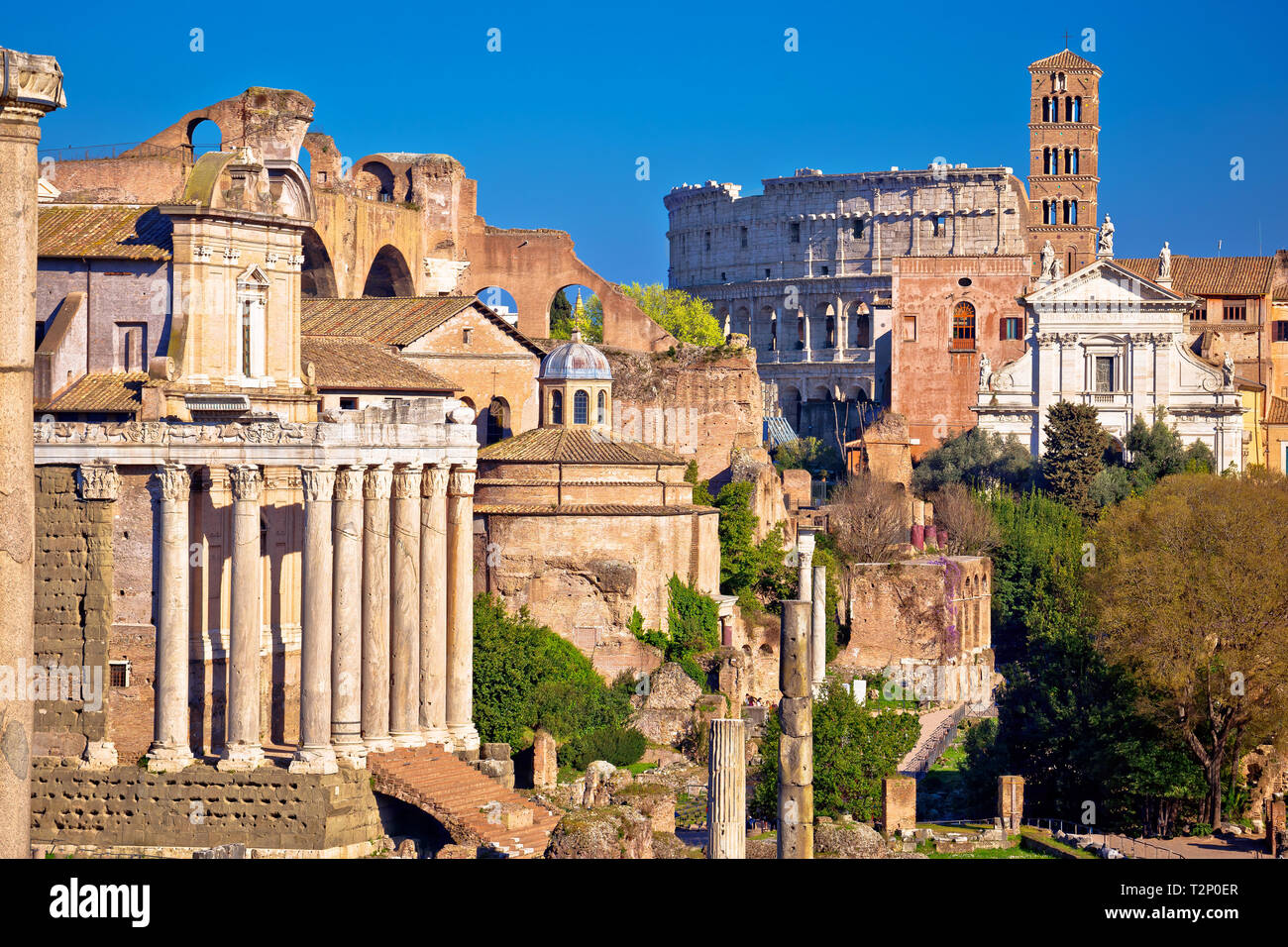 Ancient Roman Forum landmarks and Colosseum in eternal city of Rome ...