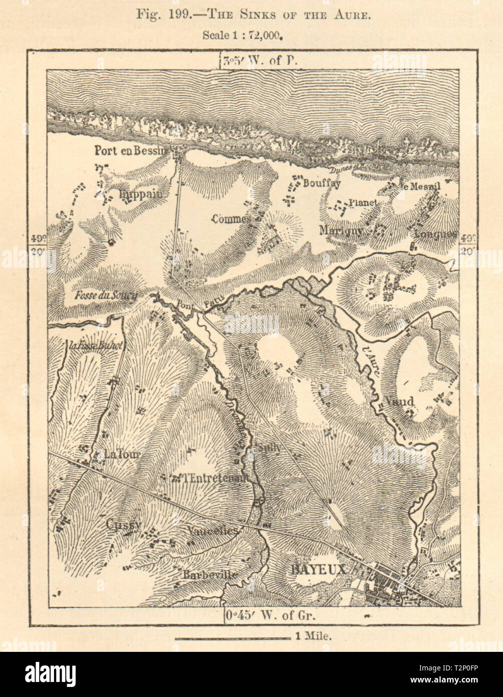 The Sinks of Aure. Bayeux. Calvados. Sketch map 1885 old antique chart ...