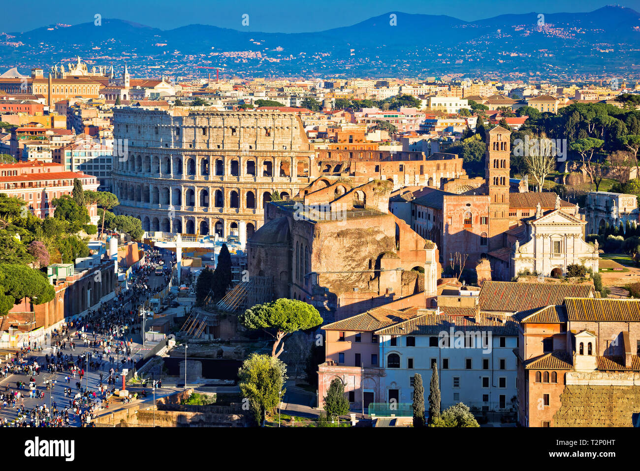 Ancient Roman Forum landmarks and Colosseum in eternal city of Rome ...