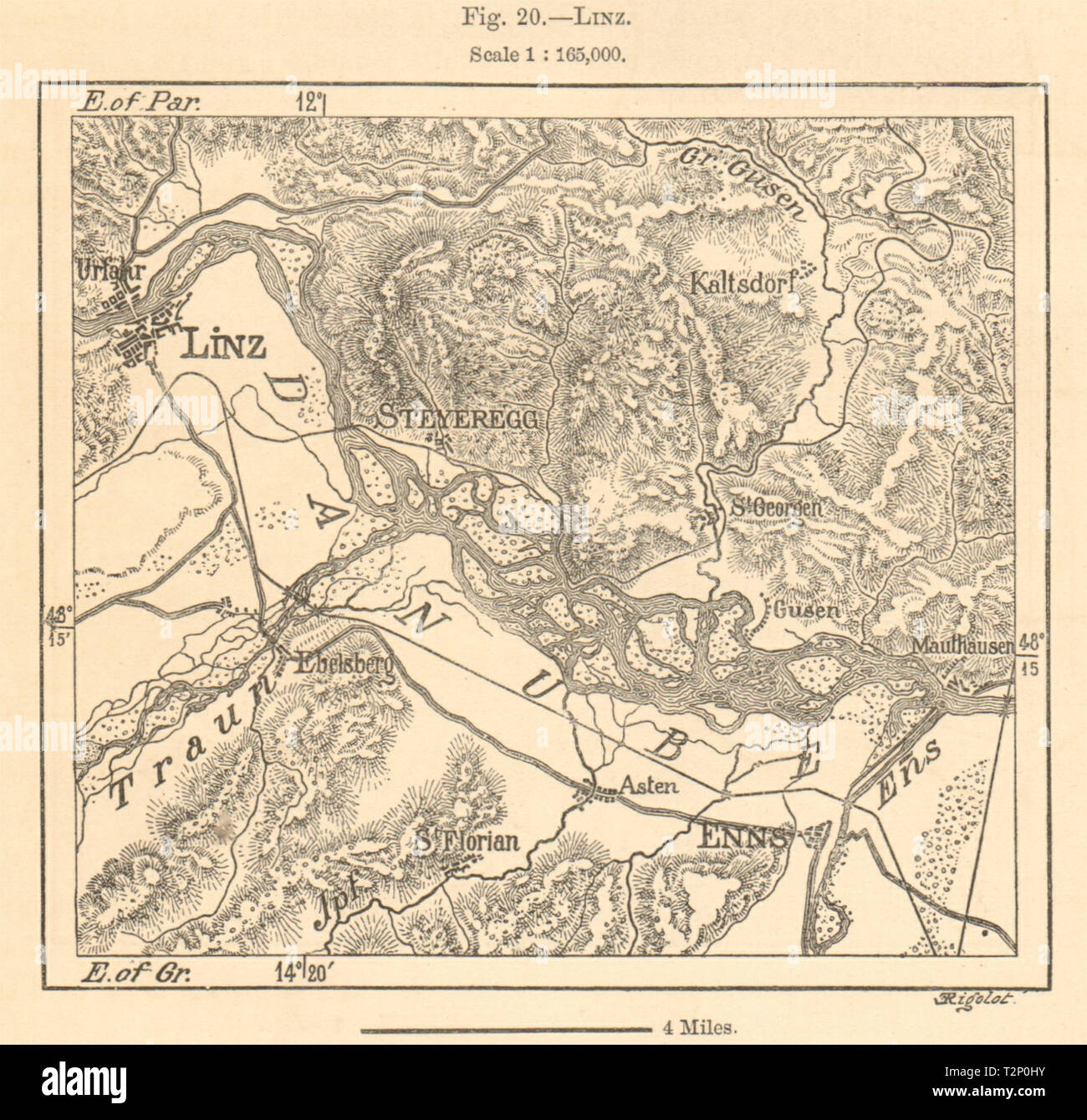 Linz environs. Enns Danube Austria. Sketch map 1885 old antique plan ...