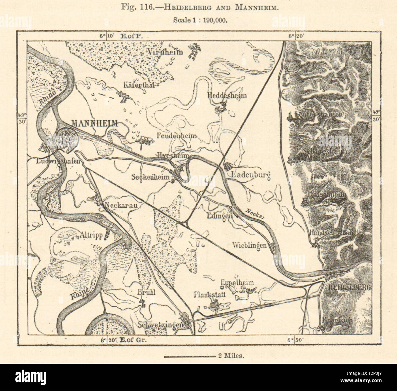 Heidelberg & Mannheim environs. Baden-Württemberg. Sketch map 1885 old ...