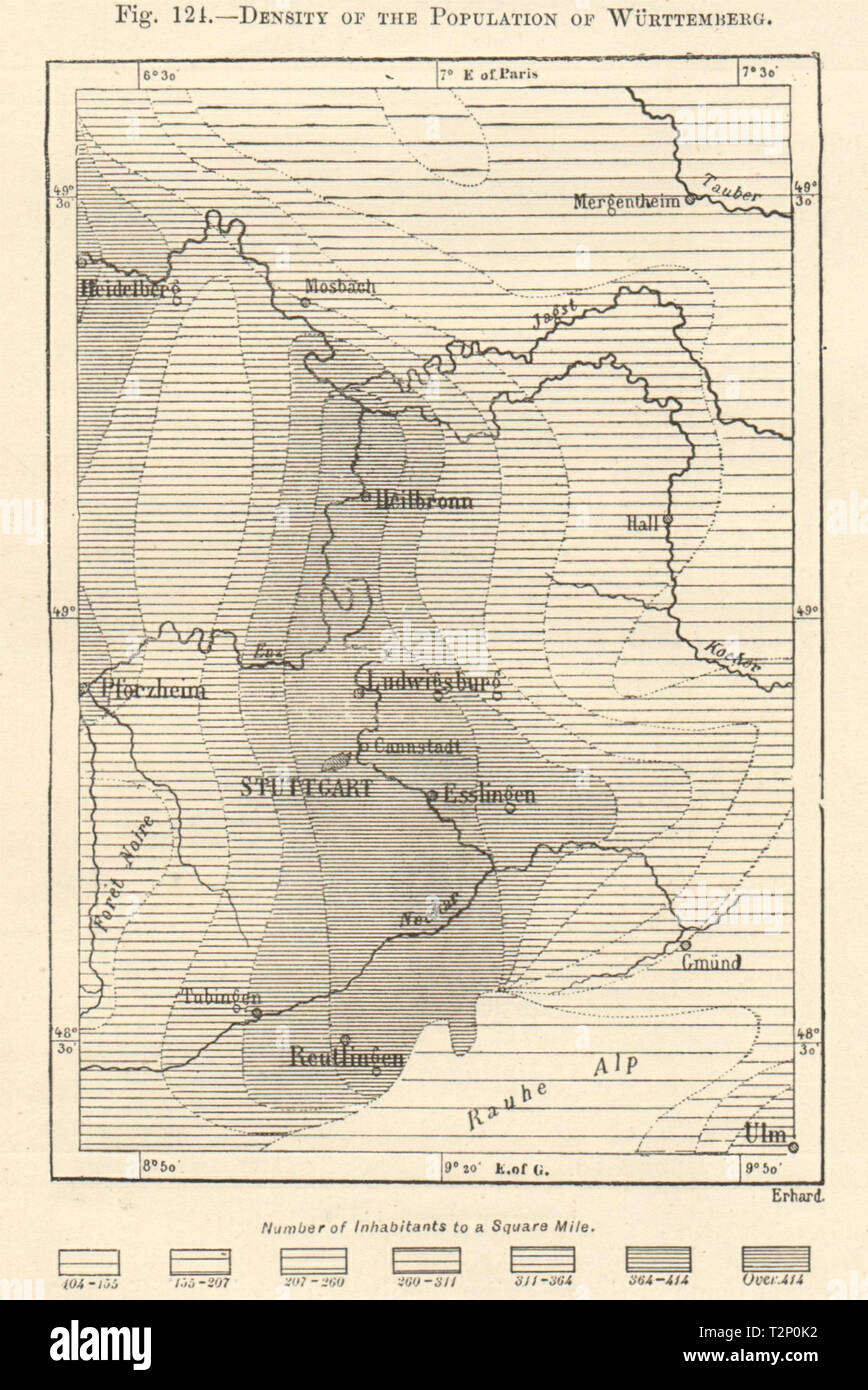 Population density of Wurttemberg. Germany. Stuttgart. Sketch map 1885 ...
