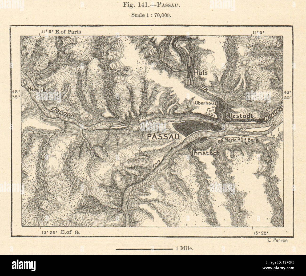 Passau & environs. Bavaria. Danube Inn Ilz rivers. Sketch map 1885 old ...