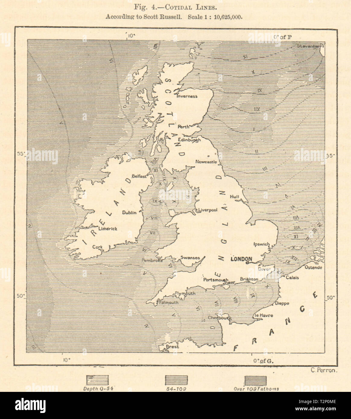 British Isles Cotidal Lines According to Scott Russell. Sketch map 1885 ...