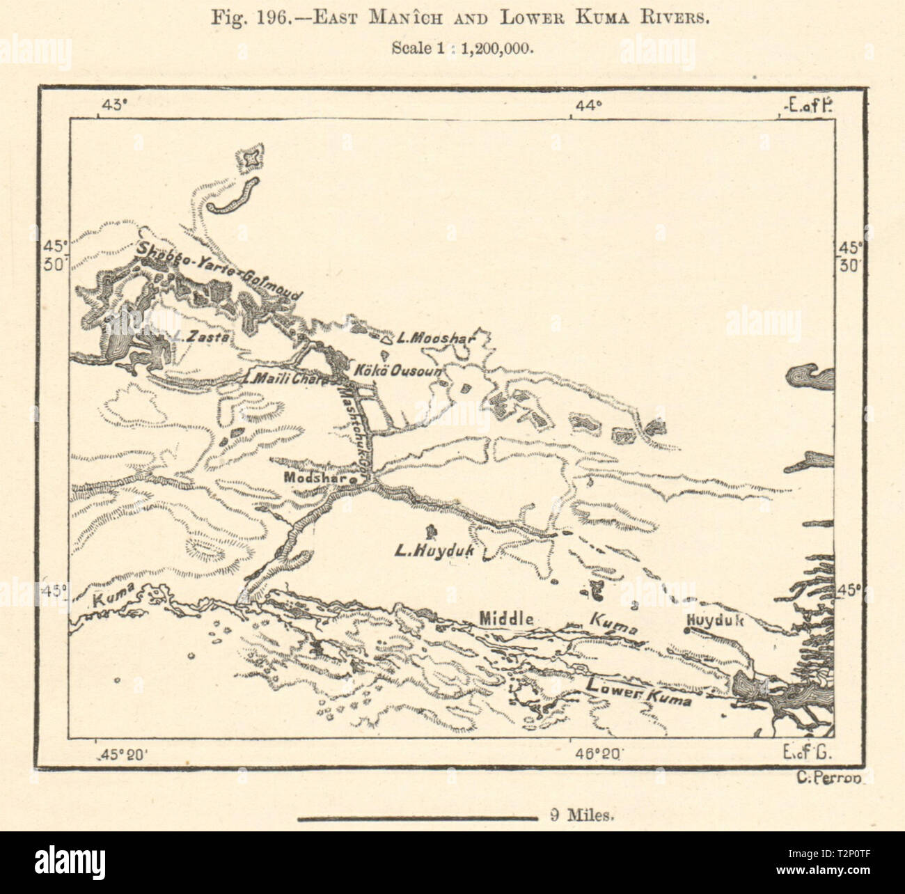 East Manych and Lower Kuma Rivers. Russia. Sketch map 1885 old antique ...