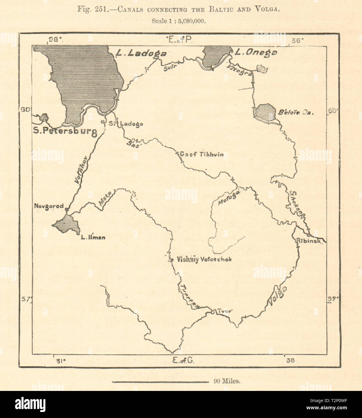 Canals connecting the Baltic & Volga. St Petersburg. Russia. Sketch map ...