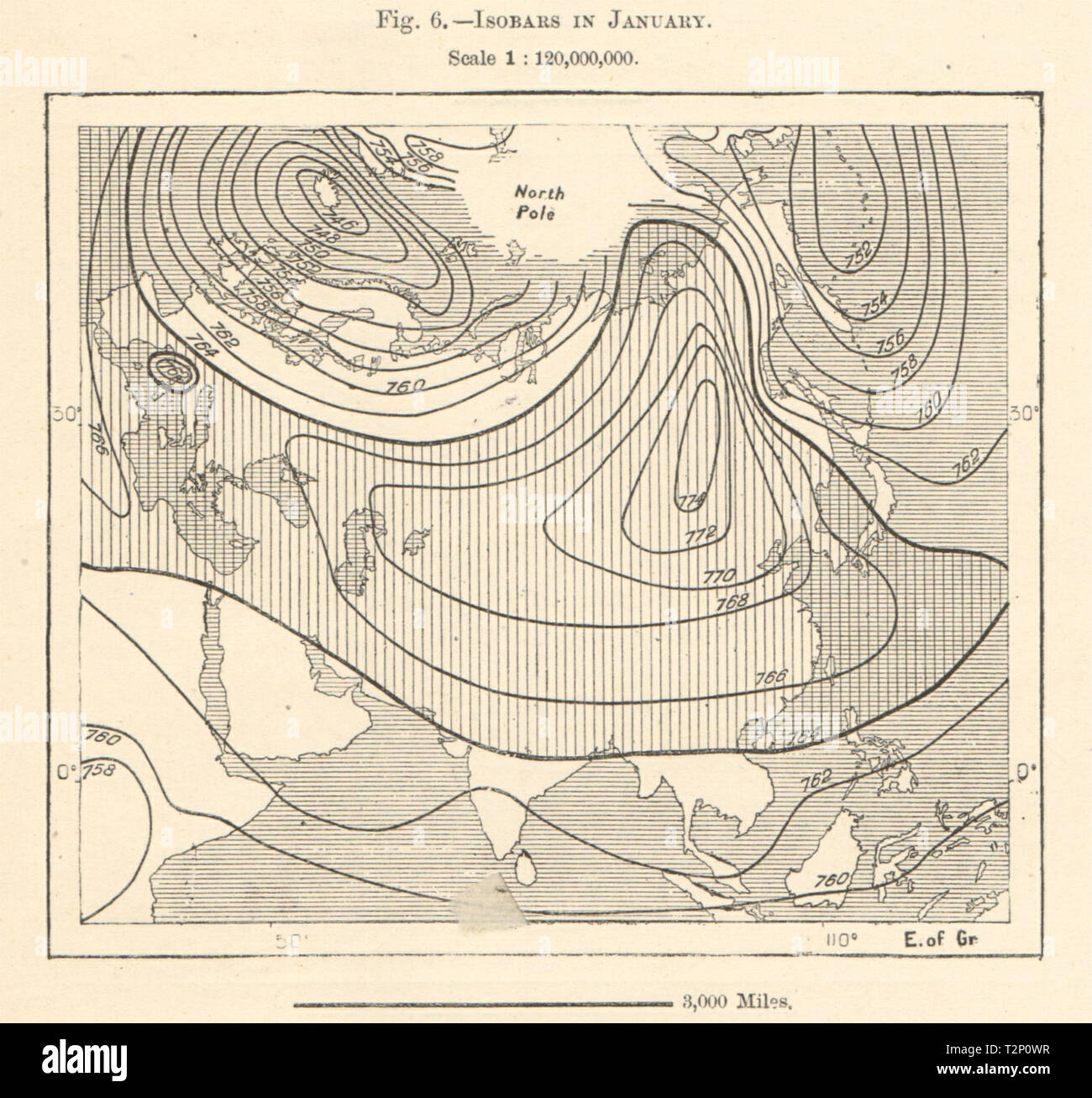 Isobars in January. Asia. Sketch map 1885 old antique vintage plan ...