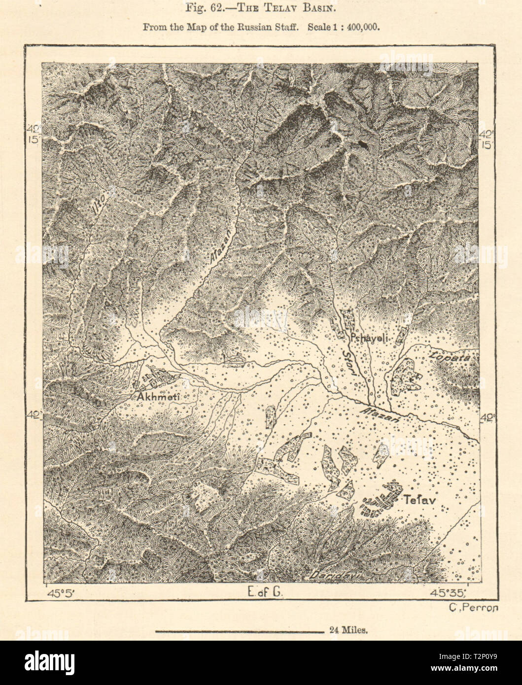 Akhmeti (Akhmeta), Telavi & Afazan (Alazani) valley, Georgia. Sketch ...