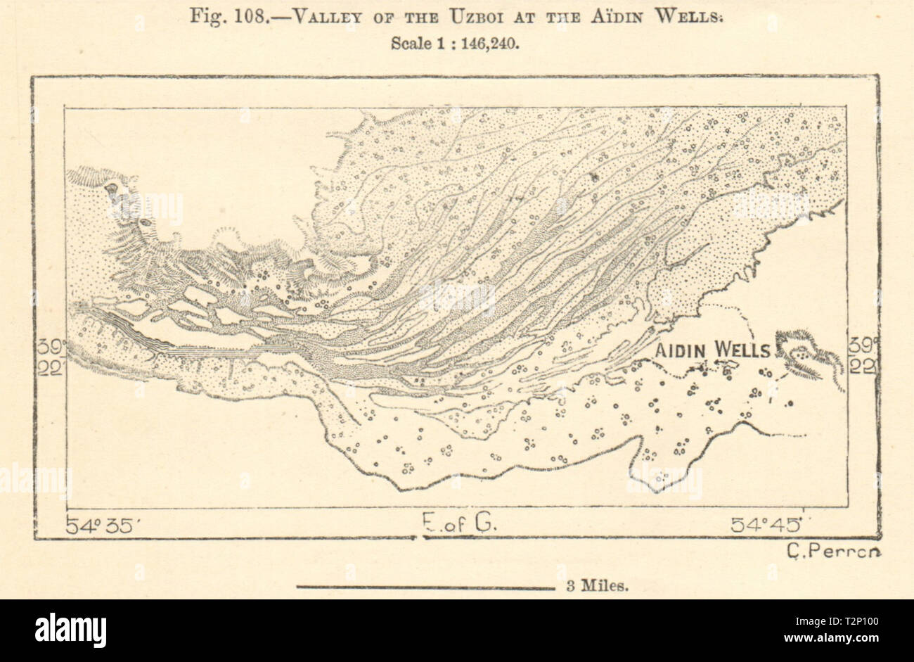 Dried-up Uzboy river, Aidin Wells, Turkmenistan. Sketch map 1885 old ...