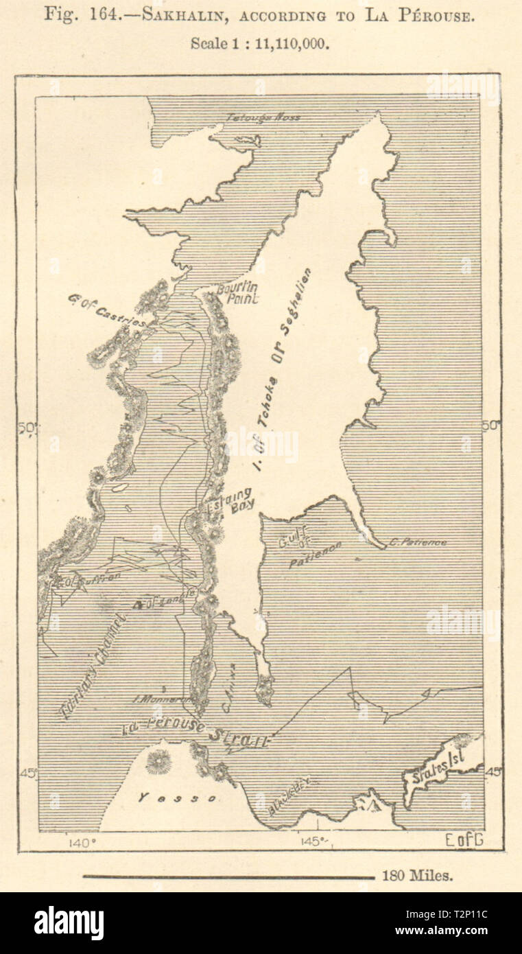 Sakhalin, according to La Perouse. Russia Japan. Sketch map 1885 old ...