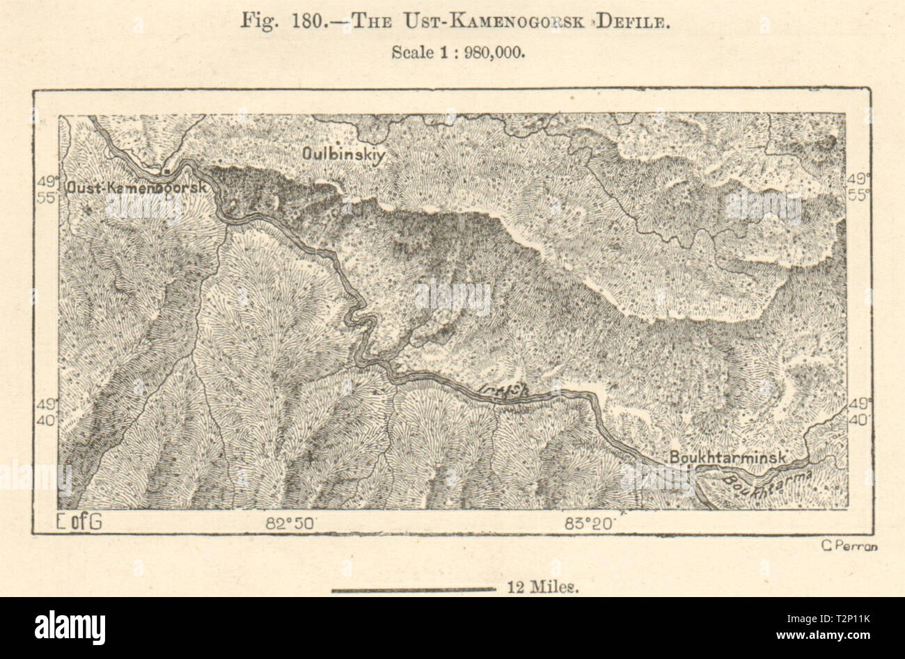 River Irtysh. Ust-Kamenogorsk - Bukhtarma, Kazakhstan. Sketch map 1885 ...