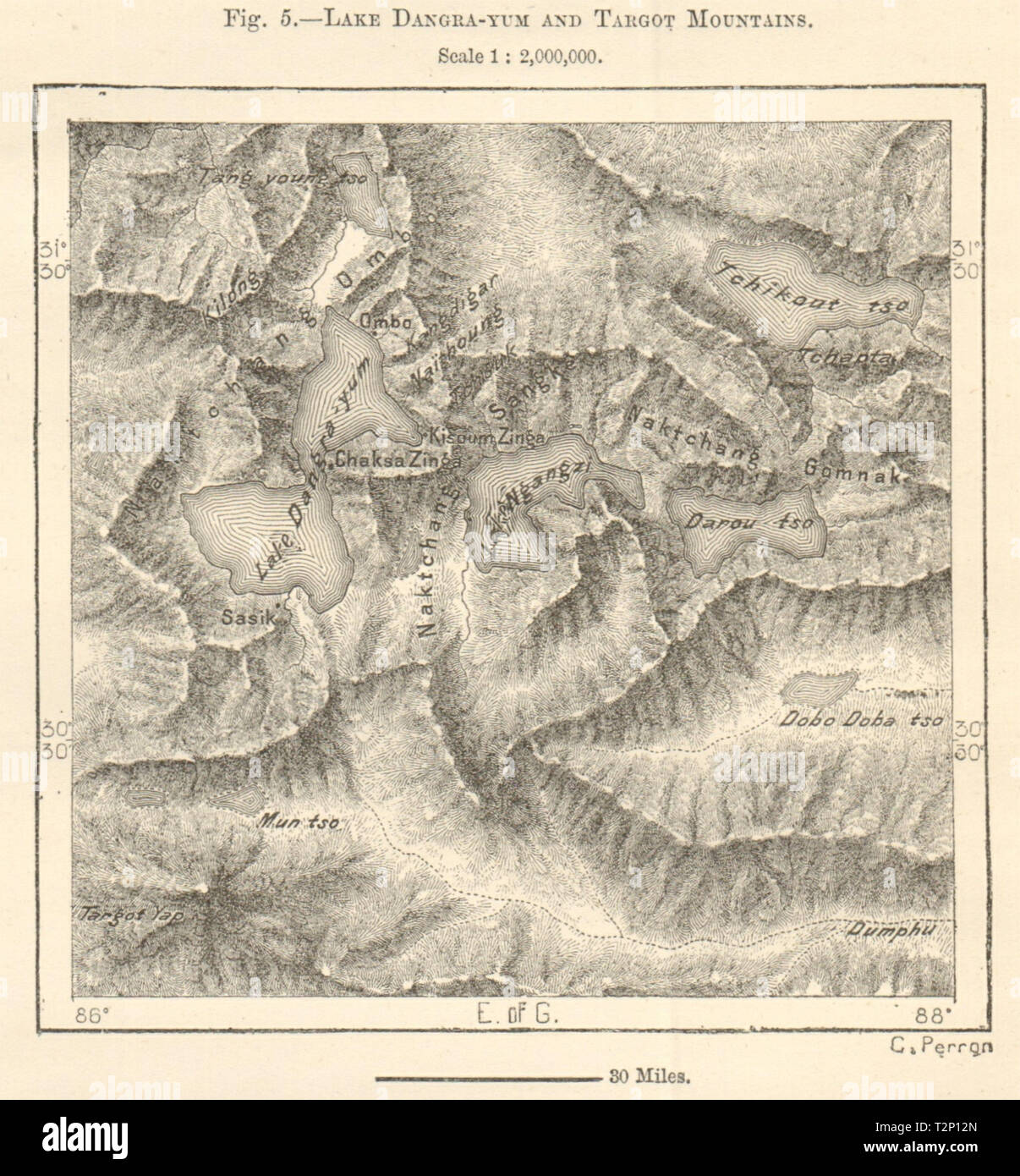 Lakes Tangra Yumco & Ngangze Co, Targot Mountains. Tibet China. Sketch ...