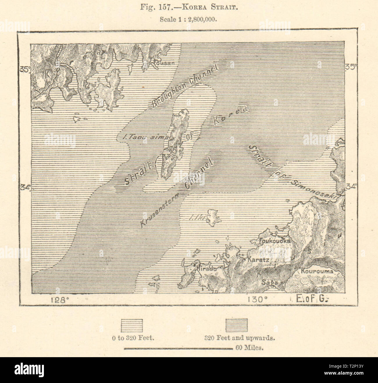 Korea Straight. Tsushima & Iki islands. Busan Fukuoka Japan. Sketch map ...