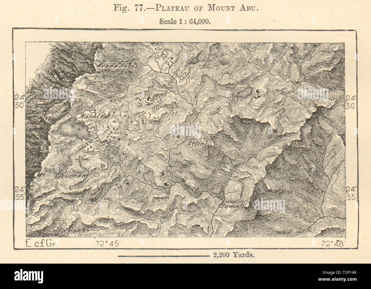 Plateau of Mount Abu. Rajasthan. India. Sketch map 1885 old antique ...