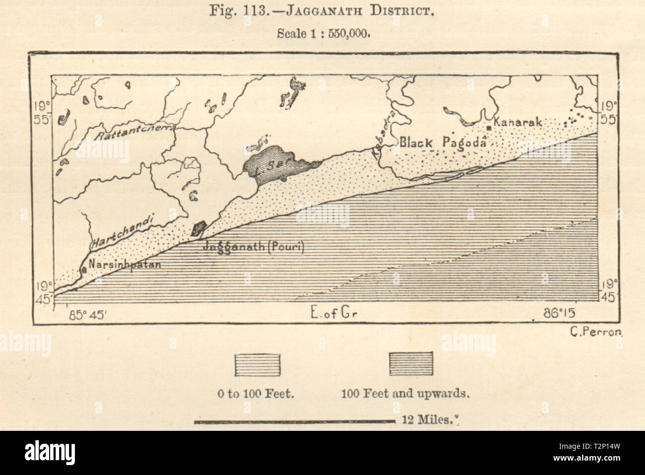 Jagganath District. Puri, Odisha. India. Sketch map 1885 old antique ...