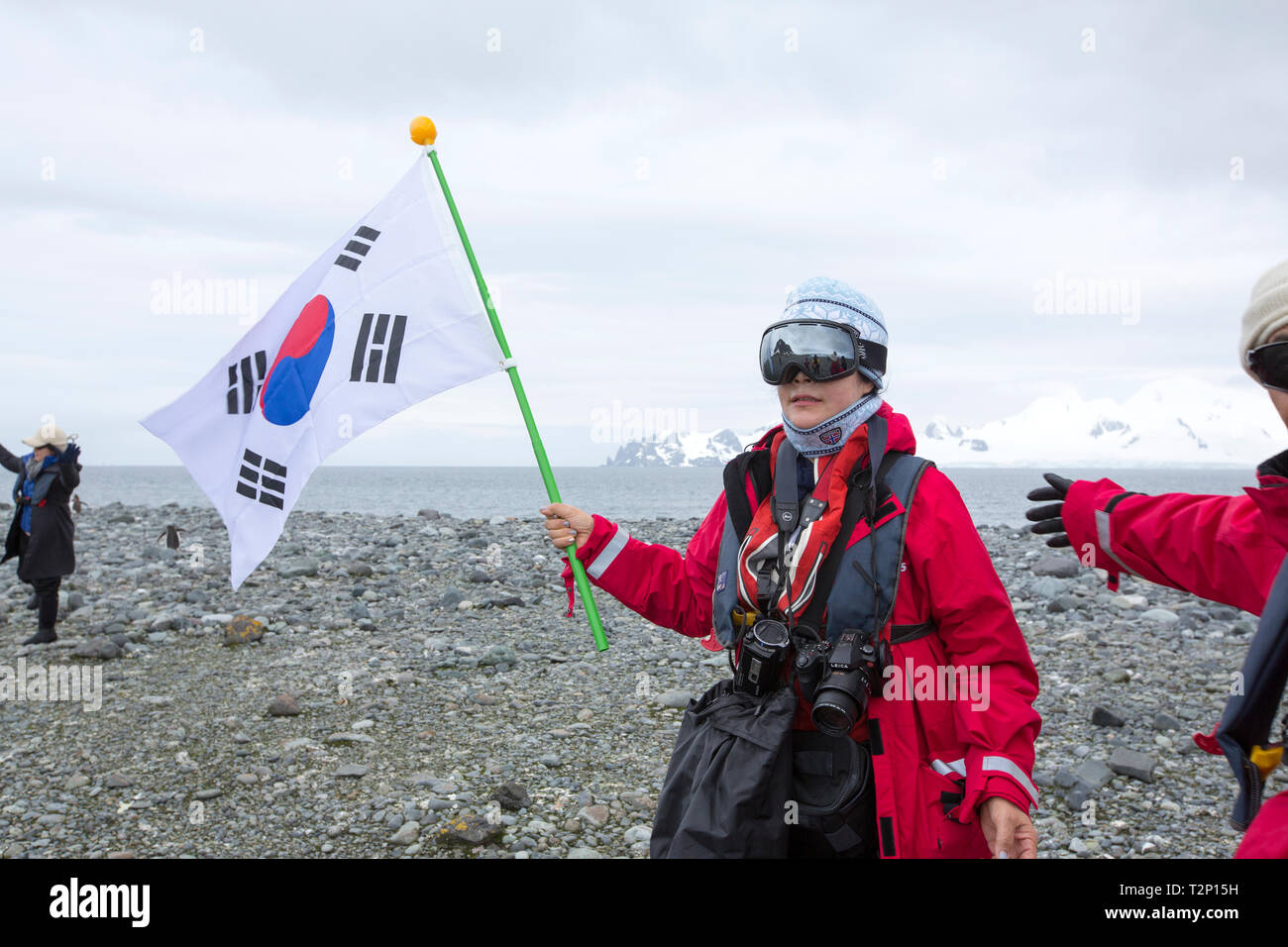 South Korean tourists at Yankee Harbour, Antarctic Peninsular, with a ...